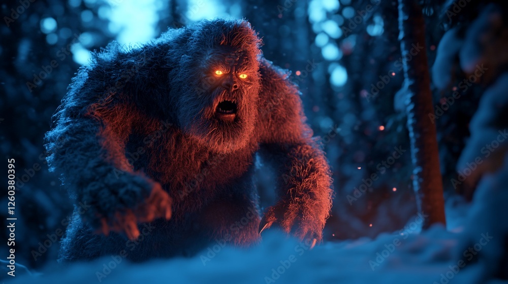 Angry Yeti in snowy forest, night. Horror movie poster Stock ...