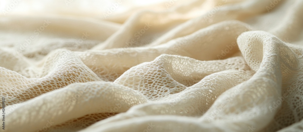 Delicate ivory lace fabric draping elegantly on a soft white background ...