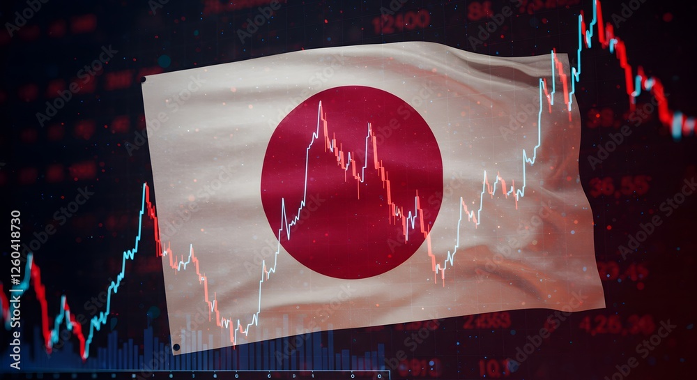 Japanese flag with a stock market graph symbolizes the nikkei index and ...