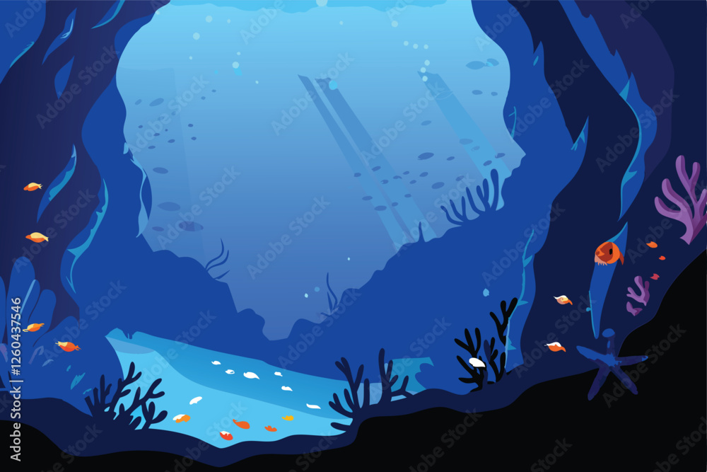 A detailed cross-section illustration of a submerged underwater cave ...