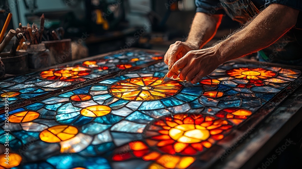 Craftsman working on stained glass window, workshop setting, art ...