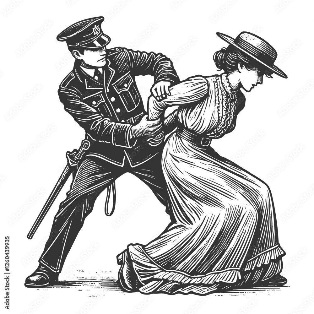 police officer restraining a woman in Victorian-era attire, historical ...