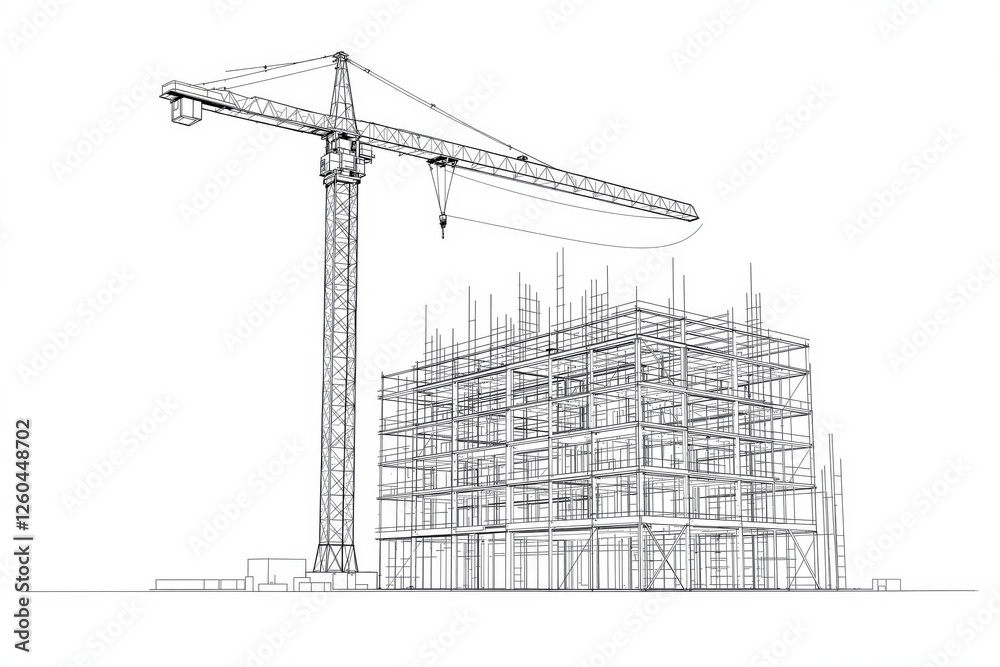 Technical drawing of a construction site featuring a tower crane and ...