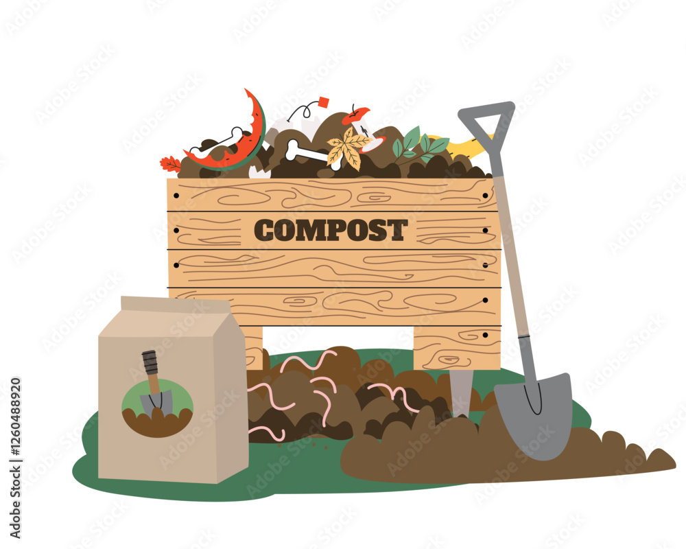 Compost pit for recycling garbage. Wooden box with compost with showel ...
