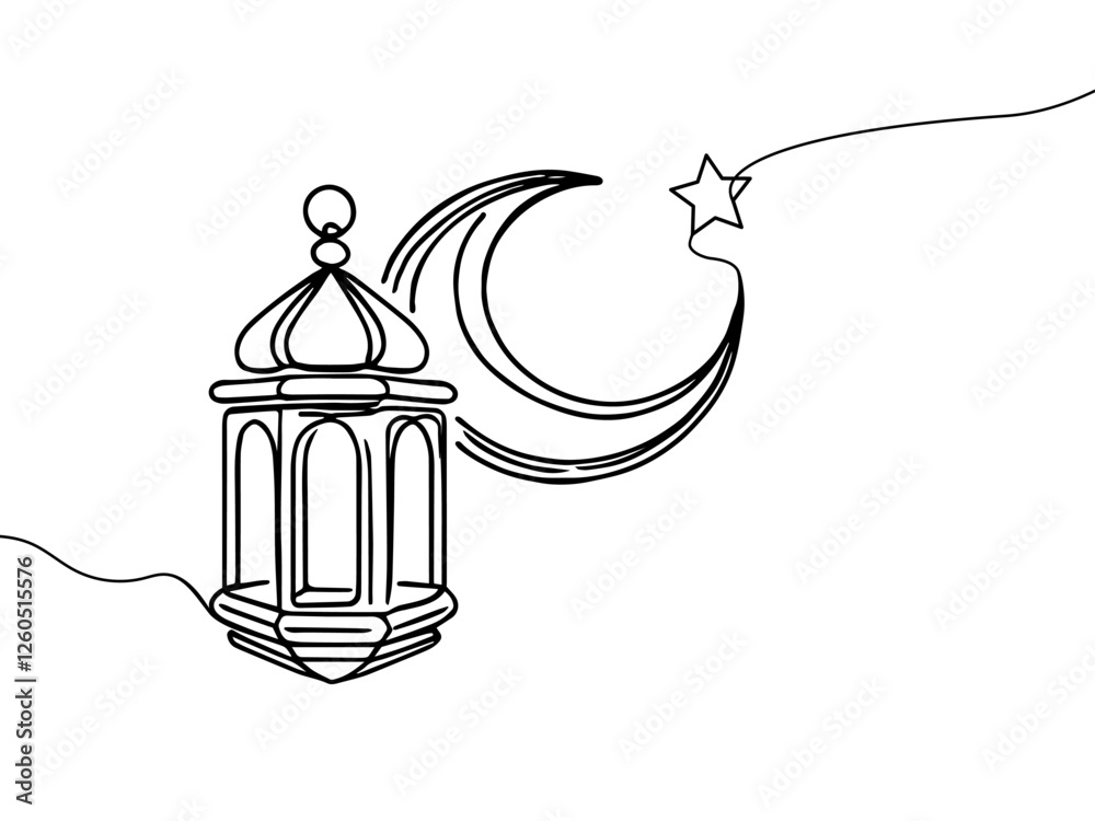 Ramadan continuous line drawing ramadan lantern with crescent line art ...