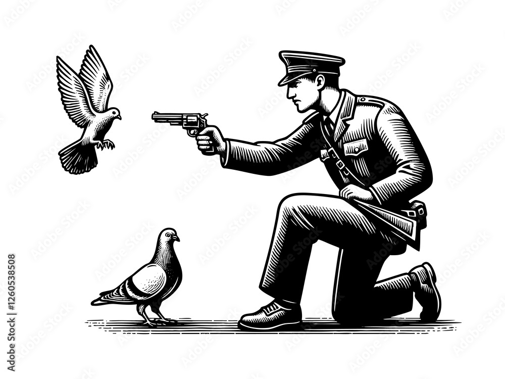 police officer pointing revolver at pigeons, blending absurdity, satire ...