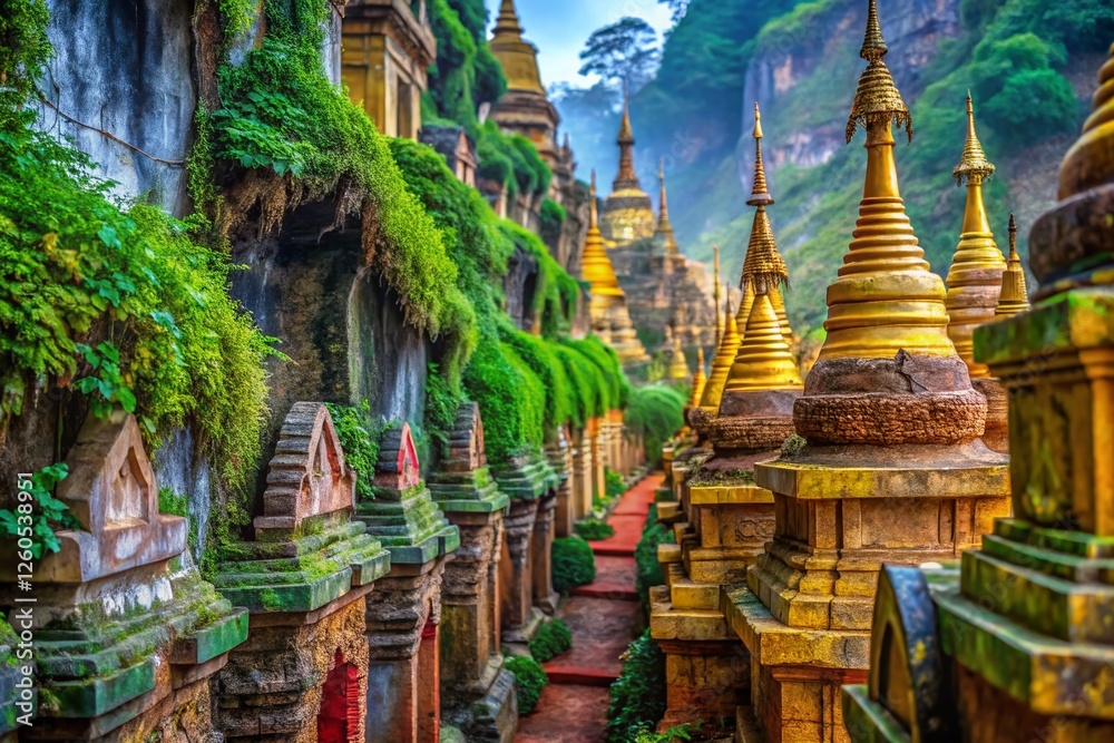 Myanmar Pindaya Cave Temple: Macro Alleyway Textures, Mountain Slope ...