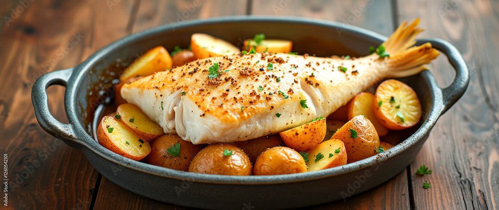 golden-brown seasoned fish fillet atop roasted potatoes in a cast iron ...