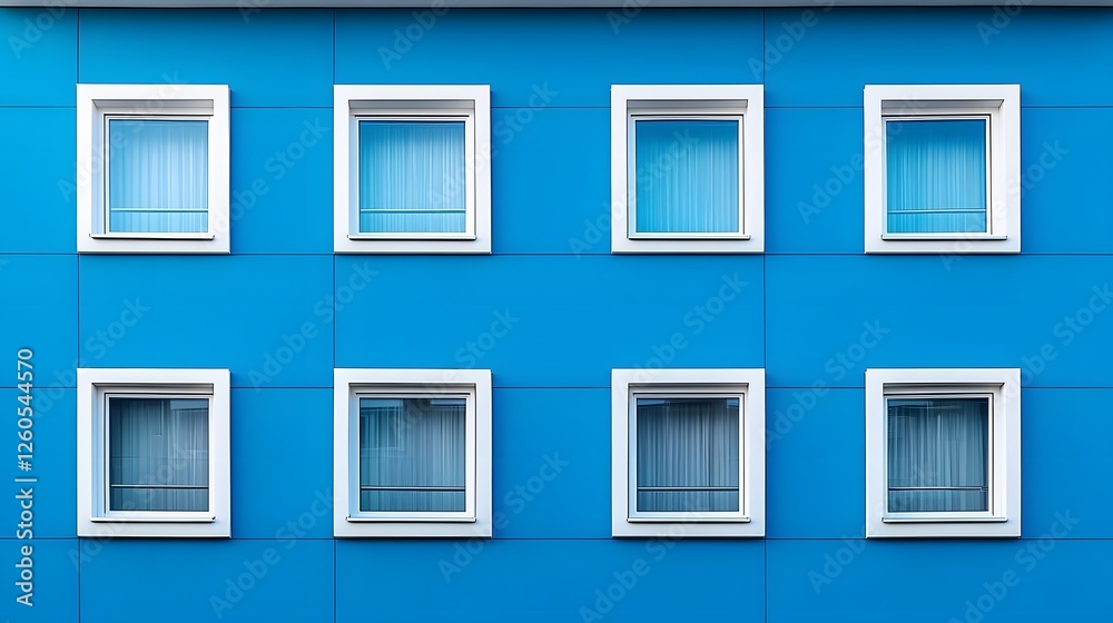 Geometric building facade presents royal blue wall with white window ...