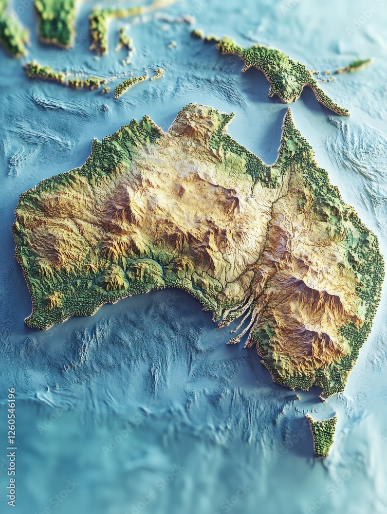 Стоковое фото «3D map of Australia with exaggerated topography and ...