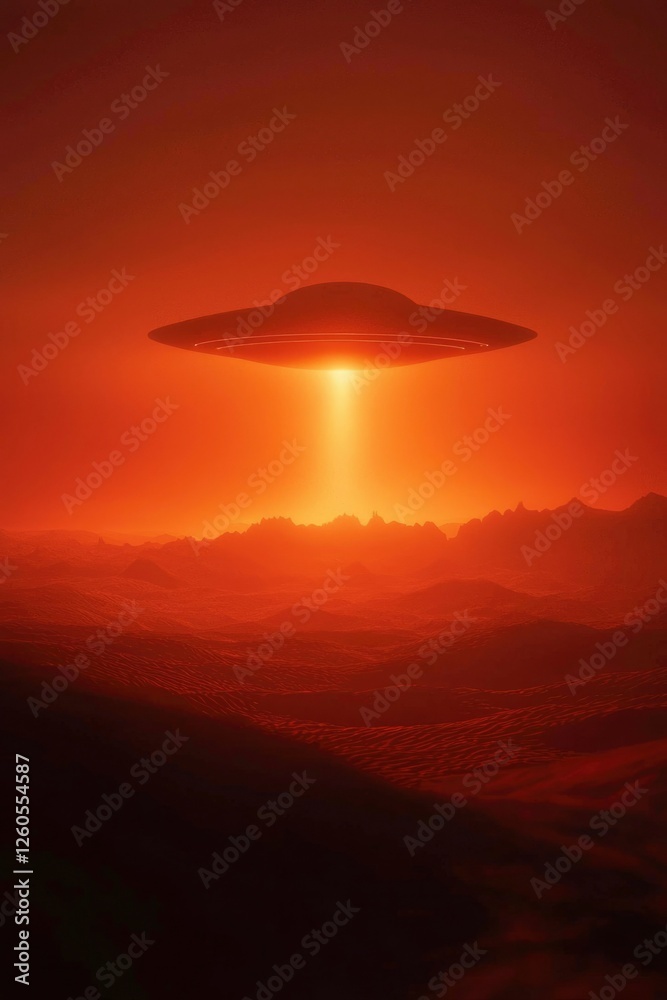 UFO over the horizon. Alien mothership invading on mysterious red ...