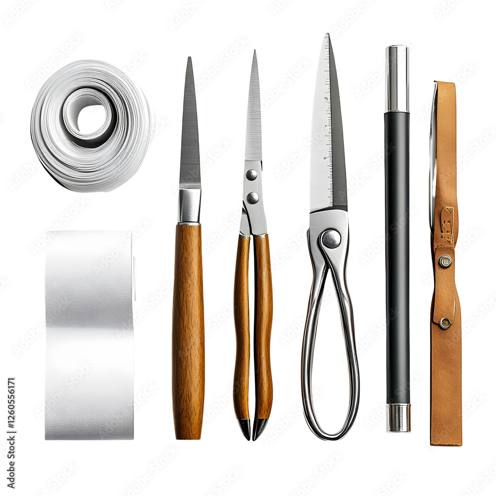 Crafting tools and materials laid out on a flat surface + isolated on ...