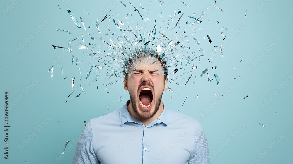 Ilustración de Stock Man experiencing a mental breakdown, screaming with shattered glass ...