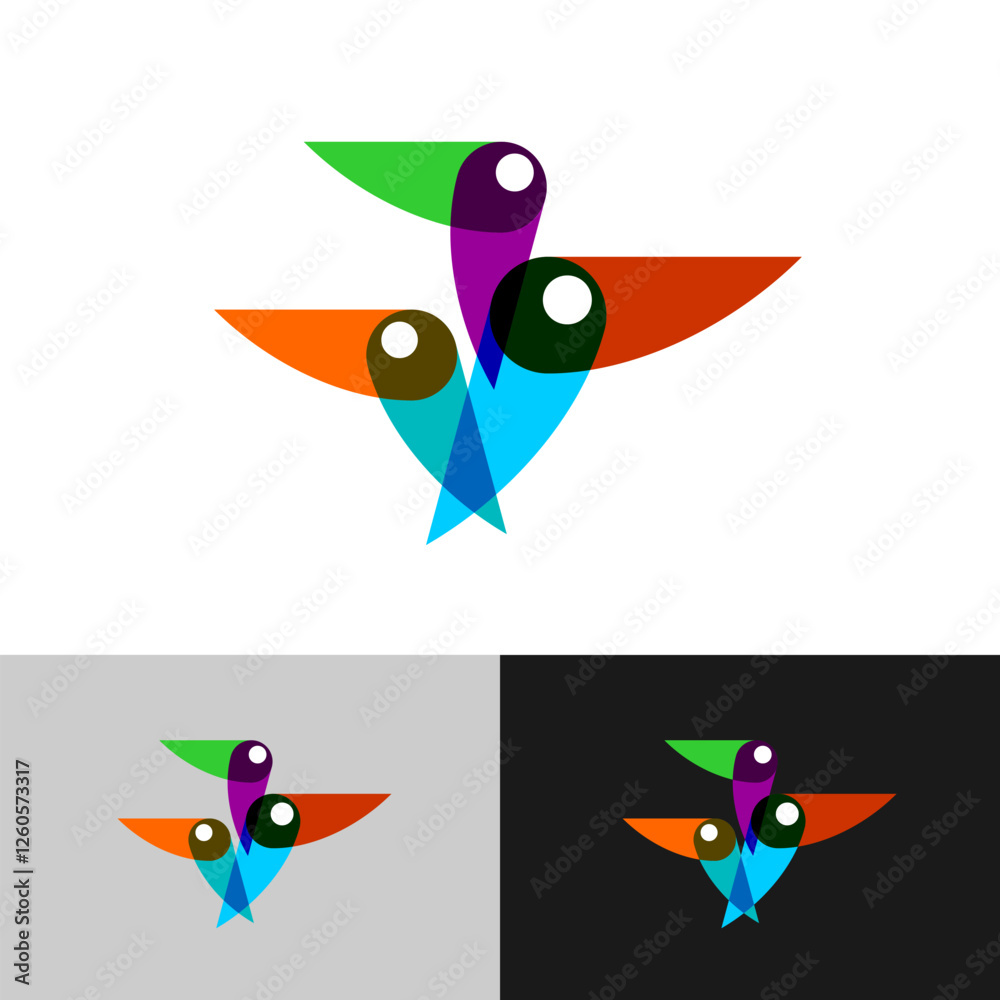 Three stylized birds overlay logo. Fun vibrant color tropical bird ...