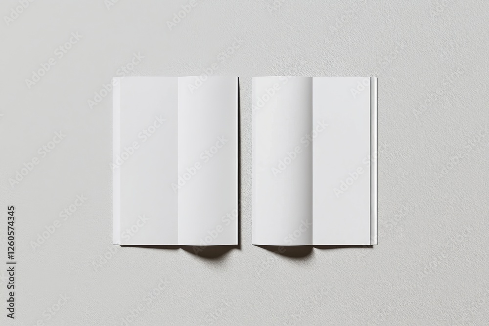 Blank brochures, open and closed, are arranged on a grey background ...