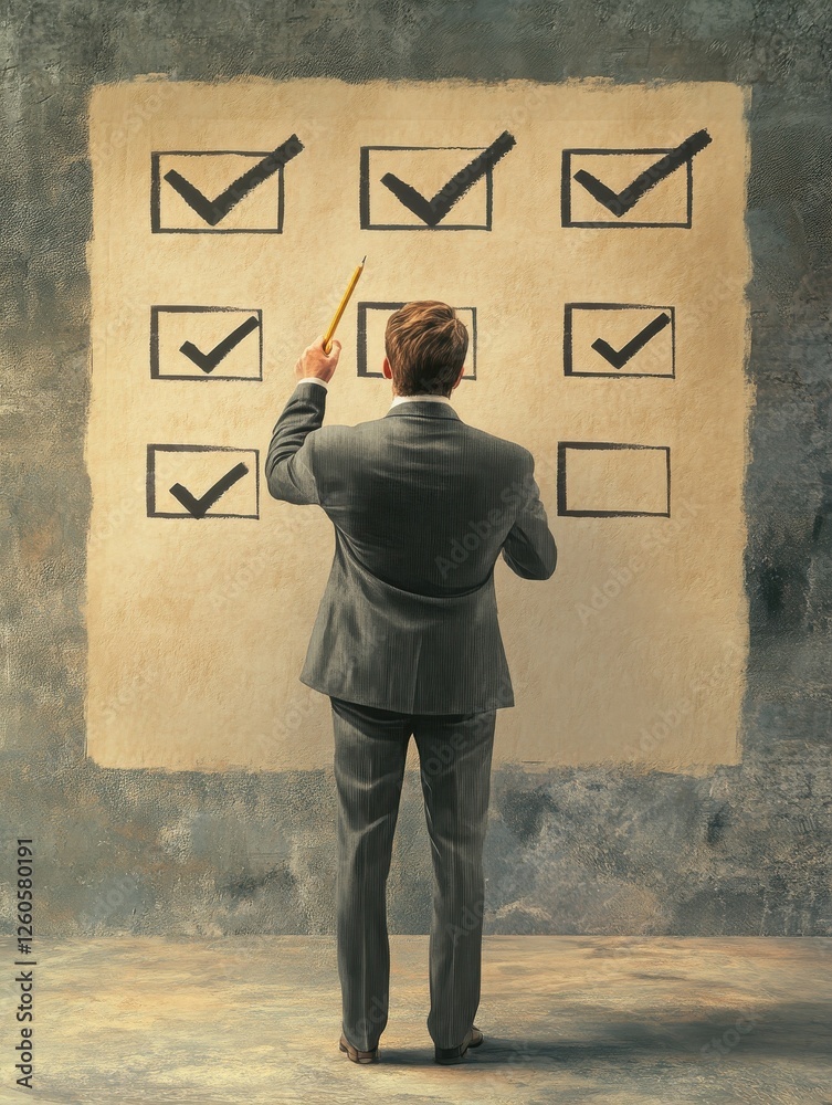 Businessman holding pencil at big complete checklist with tick marks ...