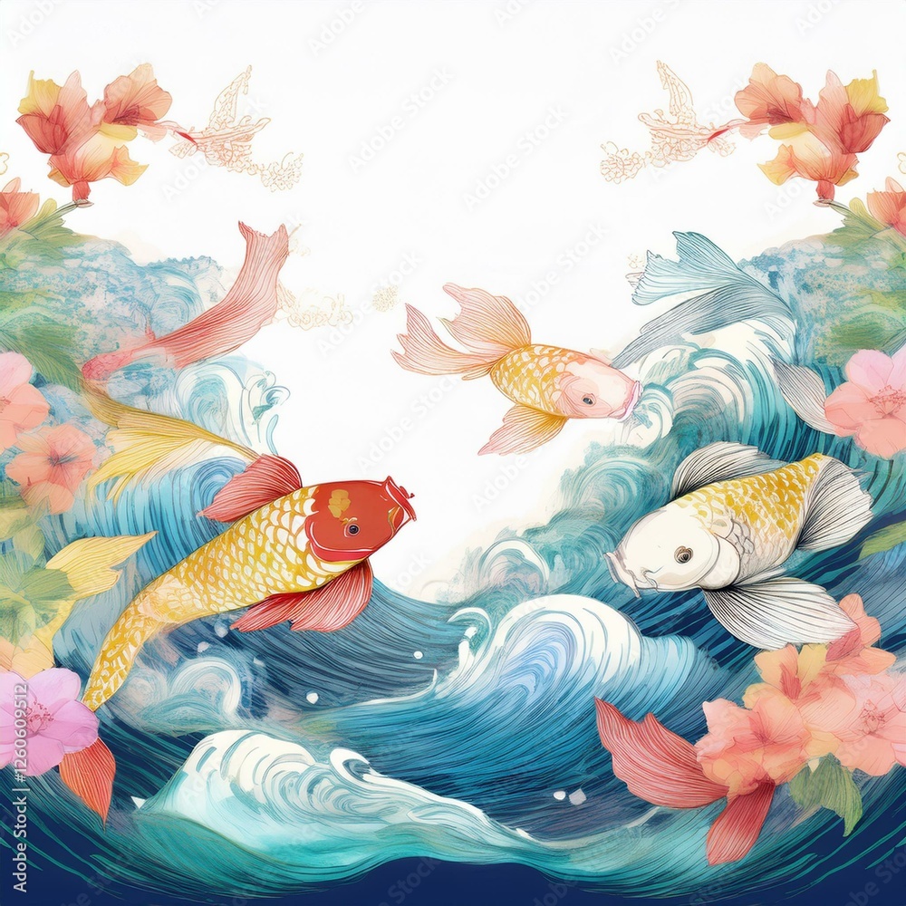 Japanese Wave and Koi Illustration as a seamless border frame pattern ...