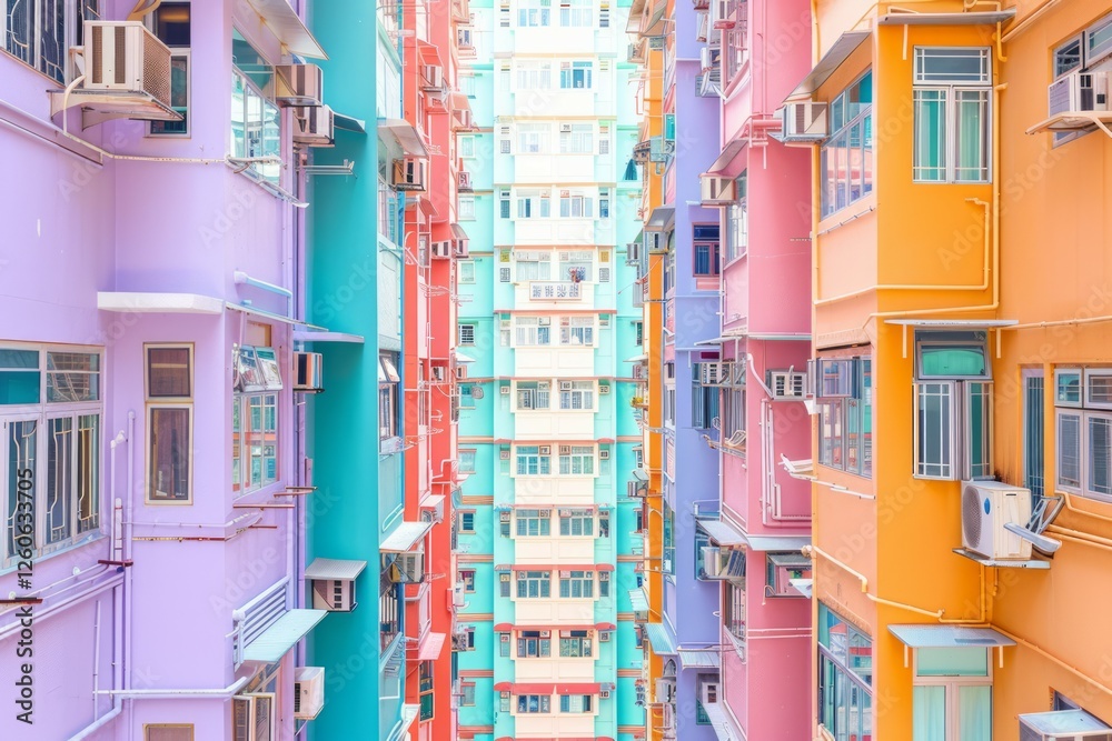 Fictional public housing project plan completed in bright pastel colors ...