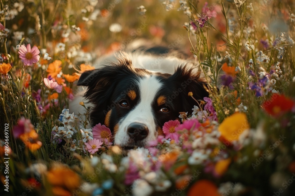 Perro acostado entre flores silvestres en un campo primaveral, con ...