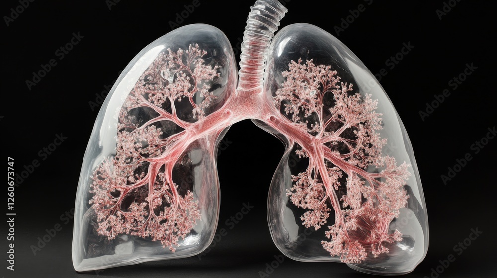 A detailed medical image of human lungs, showcasing the bronchial tubes ...