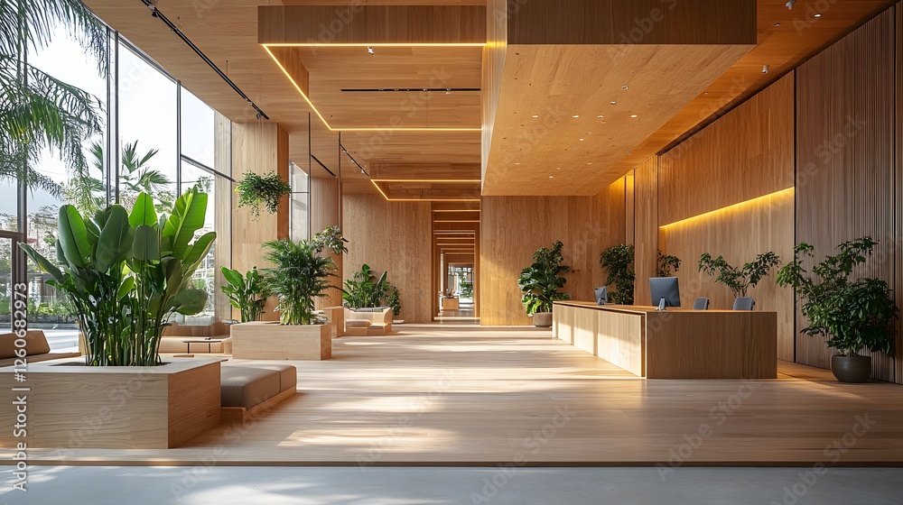 Art gallery incorporating biophilic design, featuring wood textures ...
