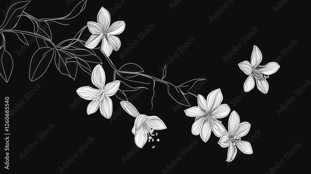 Sampaguita Line Art: Filigree Flowers on Black - Elegant line drawing ...