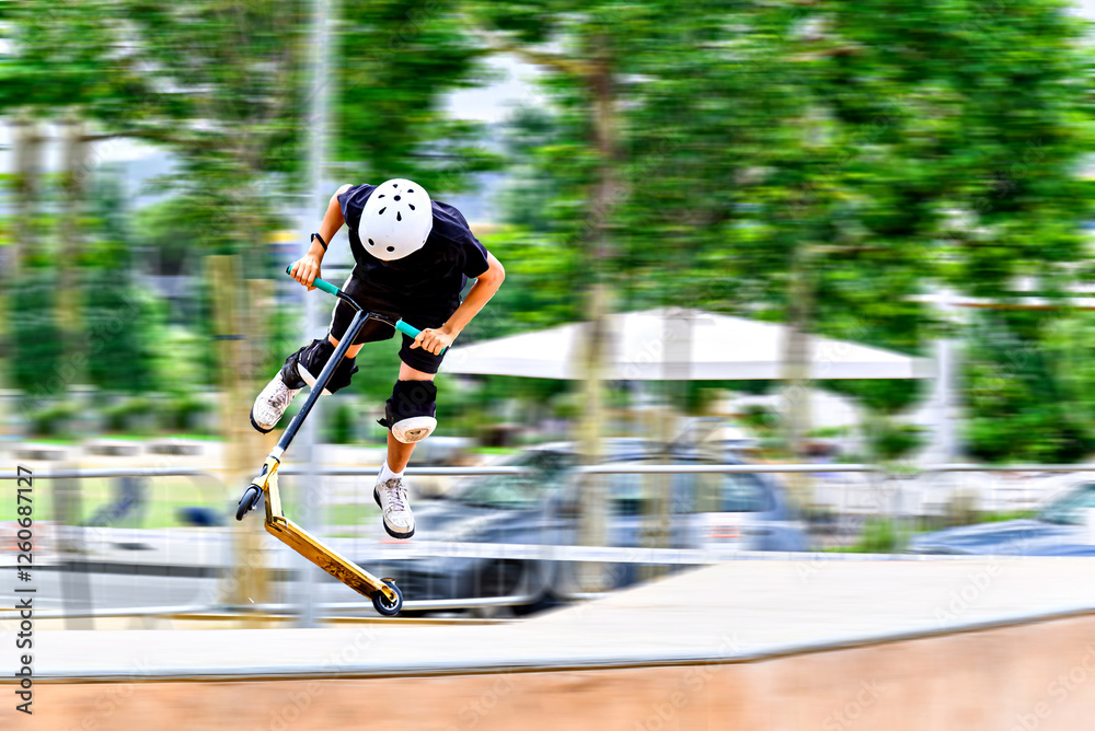 Young man practicing Scootering (Freestyle Scootering) in the new ...