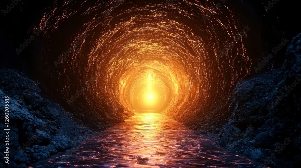 Glowing tunnel mystical depth concept. A dark tunnel leads to a glowing ...