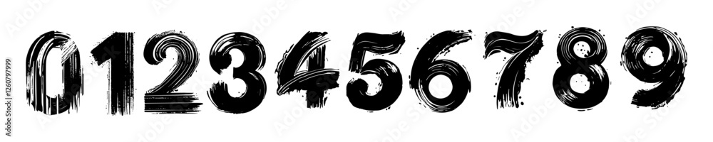A set of bold black numbers from 0 to 9 designed with a grunge brush ...