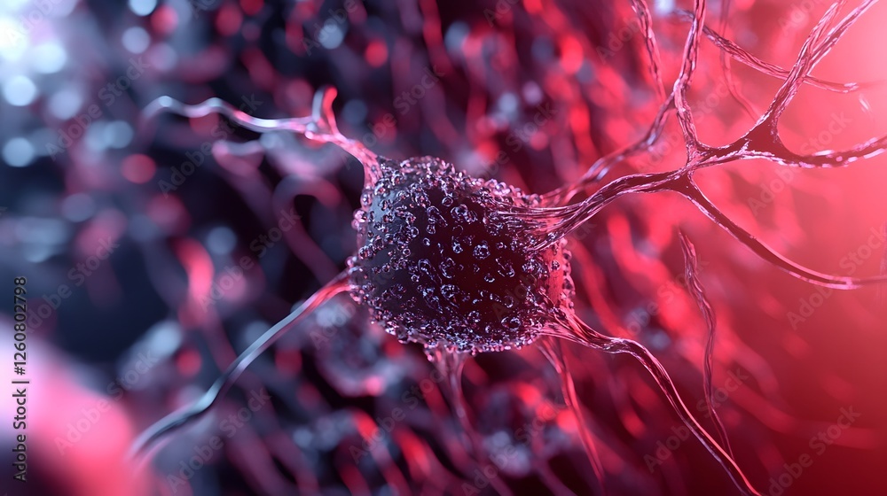 Close up microscopic view of a glowing red and pink neural network structure representing the ...