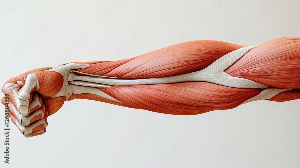 Human arm muscles, anatomical study, medical illustration, white ...