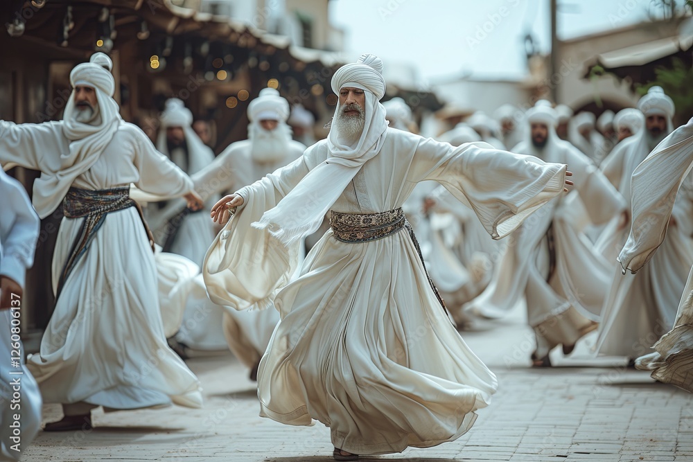 Group of men in white clothes dancing dervish dance on the street Stock ...