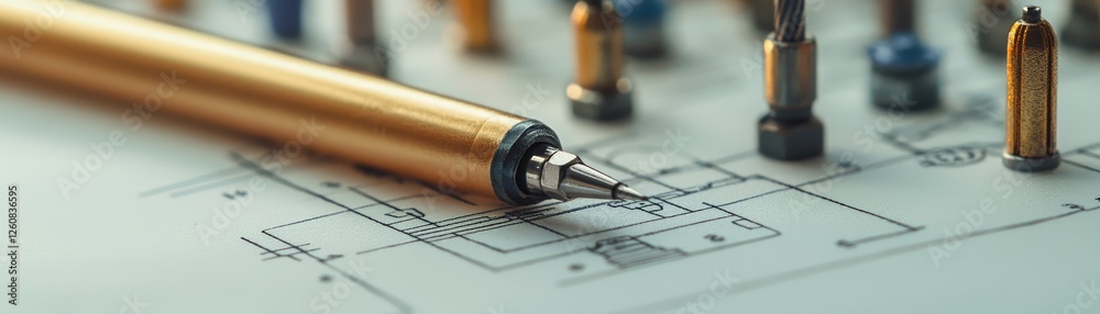 Technical drawing plan with pen tool on architectural blueprint for ...