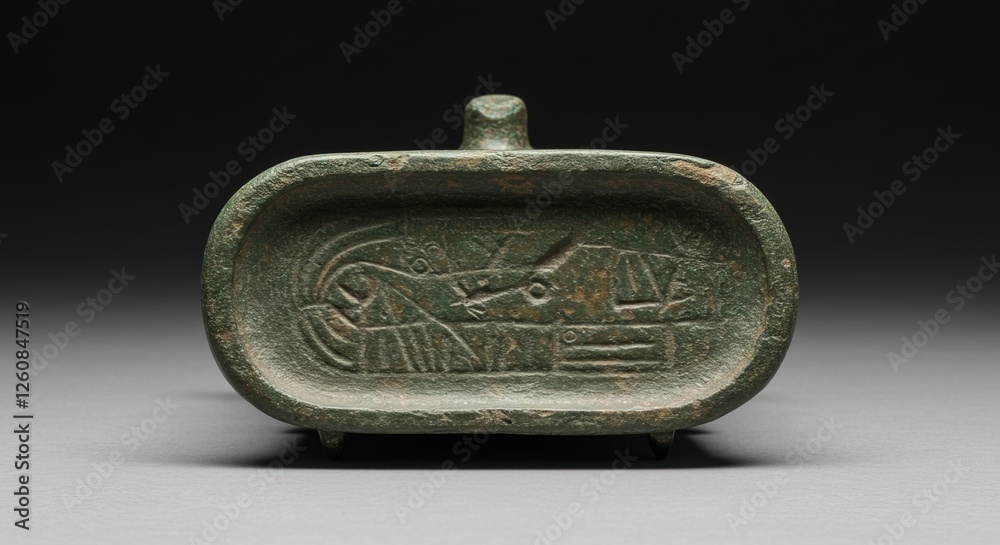 A small, darkgreen bronze vessel with a rectangular base and incised ...