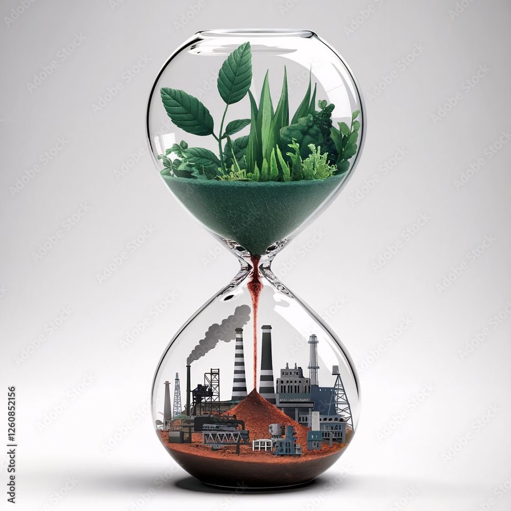 A nature-themed hourglass where the upper section holds thriving ...