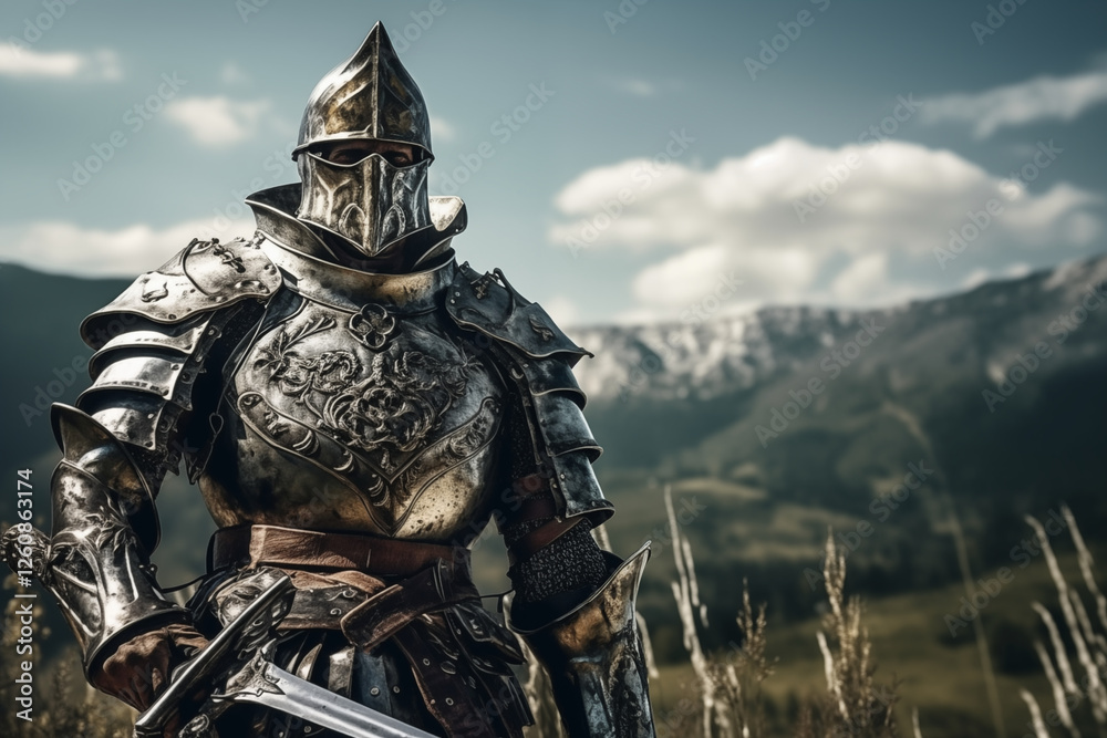 Majestic Medieval Knight in Full Armor on Horseback, Ready for Battle with Sword and Shield – A ...