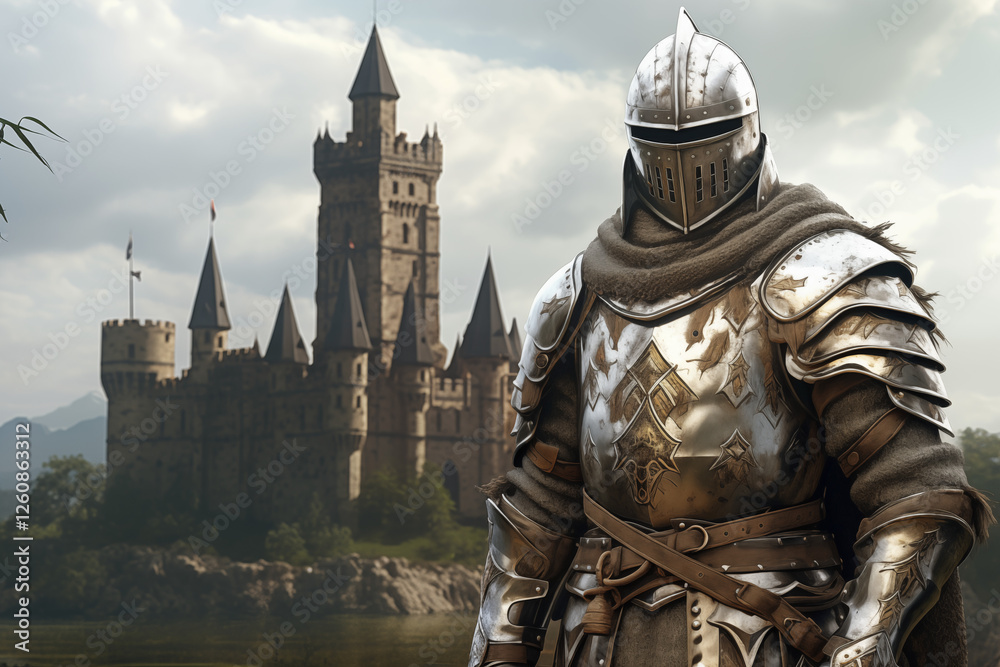 Stock-Foto „Majestic Medieval Knight in Full Armor on Horseback, Ready ...