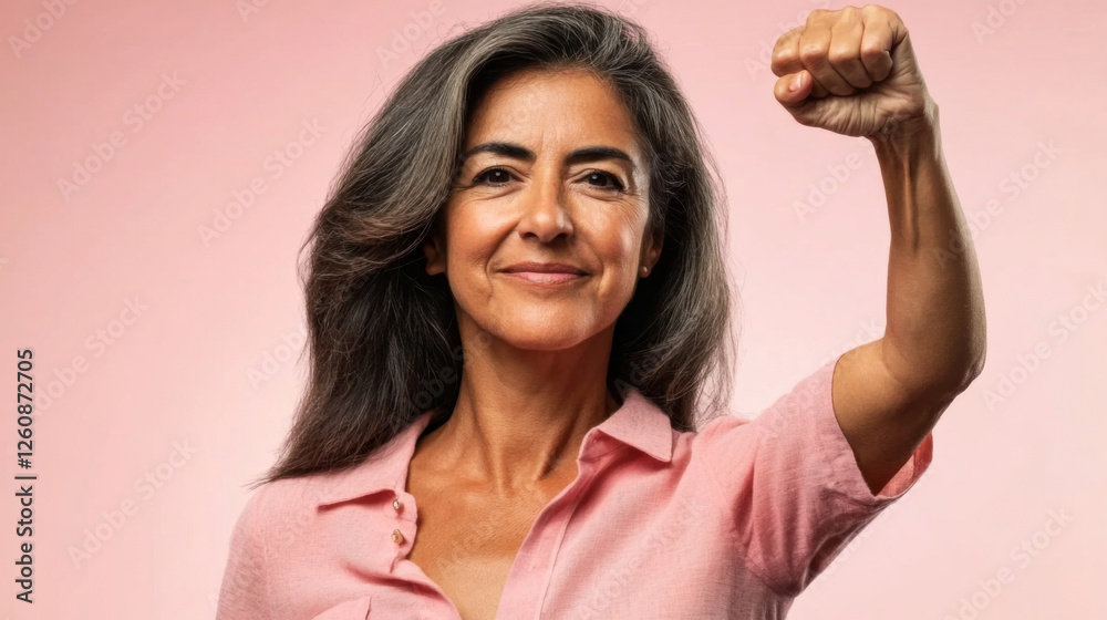 Middle aged latin american woman with raised fist of empowerment ...