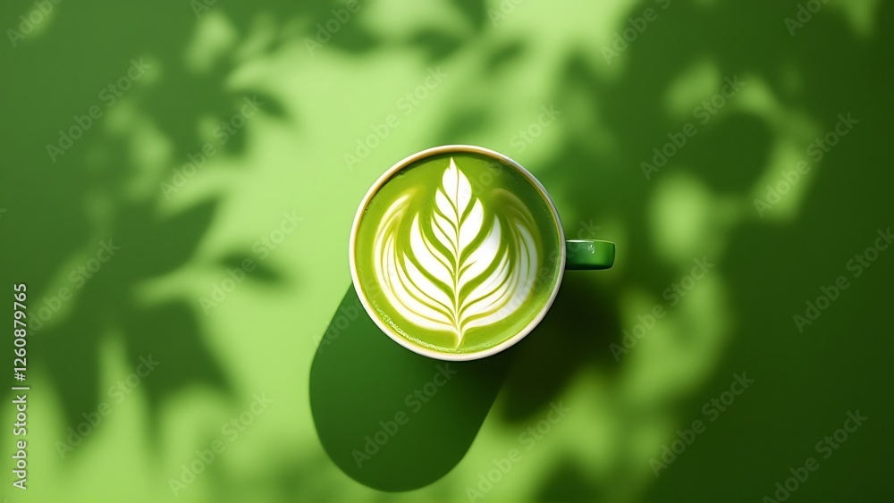 Flat lay cup of bright matcha latte with latte art on a green ...