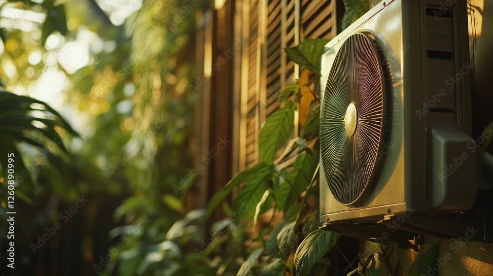 Air Conditioner Unit in Tropical Setting: Golden Hour Sunlight Bathes ...