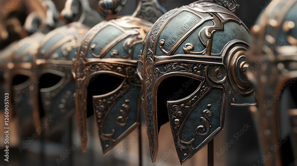 Ancient Greek helmets on display in a museum Stock Photo | Adobe Stock