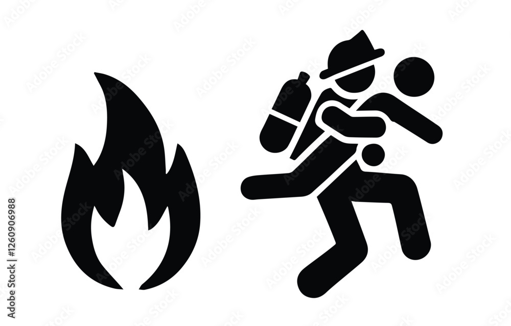firefighter icon, man saving child from fire, stickman stick figure ...