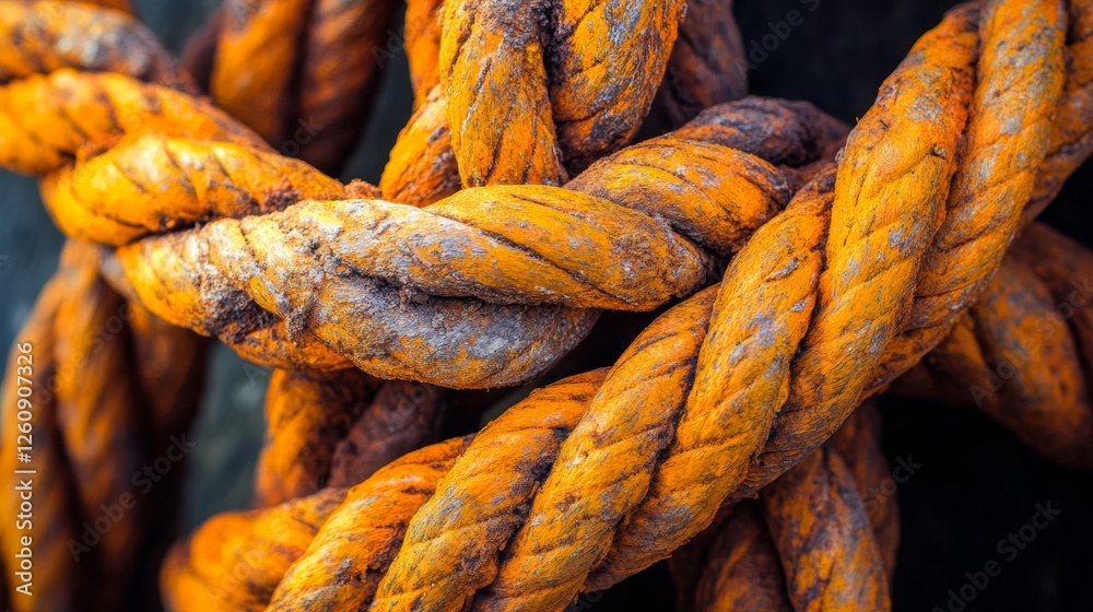 Rusty orange ropes intertwined on a dock during daylight showcasing ...