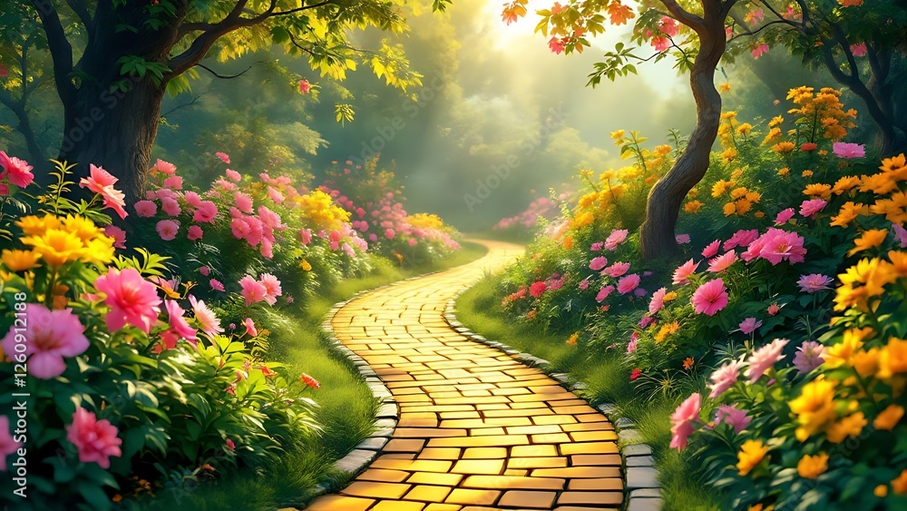 Beautiful garden pathway made yellow cobblestones surrounded by ...