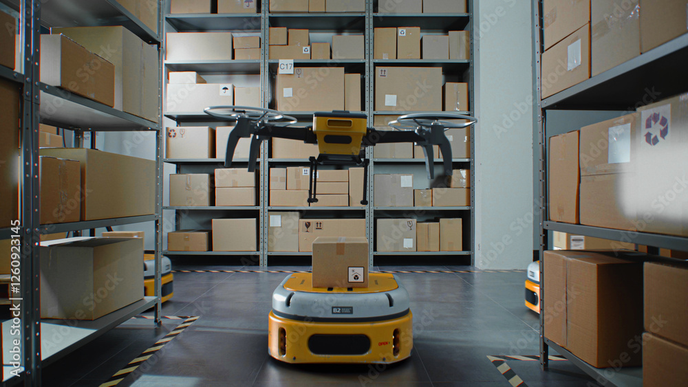 Warehouse Facility: Unmanned AGV Robots and Drones Carrying Cardboard Boxes in Logistics ...