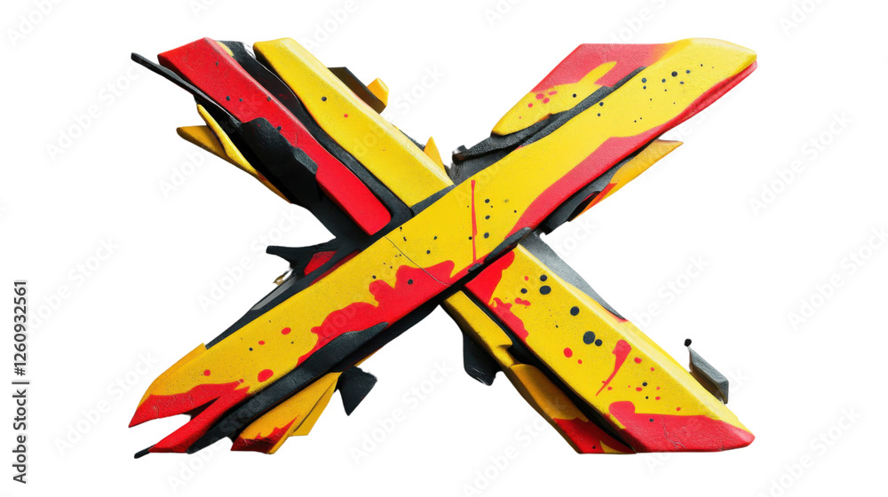 Big x shaped symbol with red, yellow and black paint splattering on ...