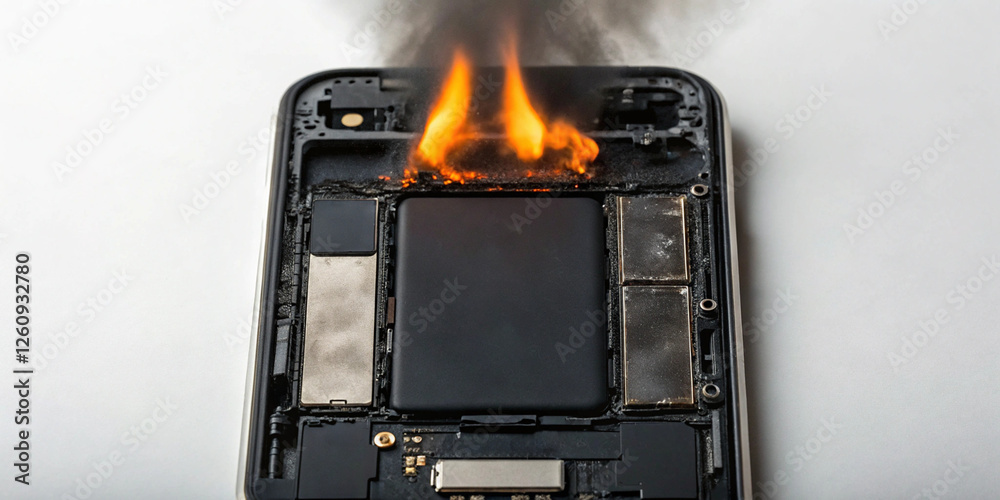 Lithium Batteries theme. Phone battery fire causing damage and smoke ...