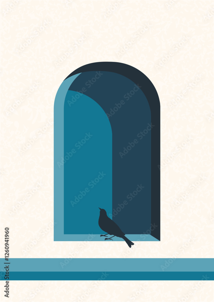 Aesthetic illustration of Santorini city. Contemporary art with bird on ...