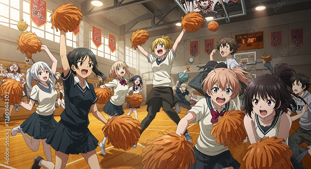 Anime Cheerleading Squad Cheering in School Gym with Pom-poms and ...