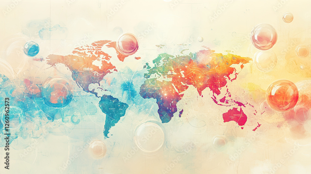 Colorful world map with floating bubbles, representing global ...